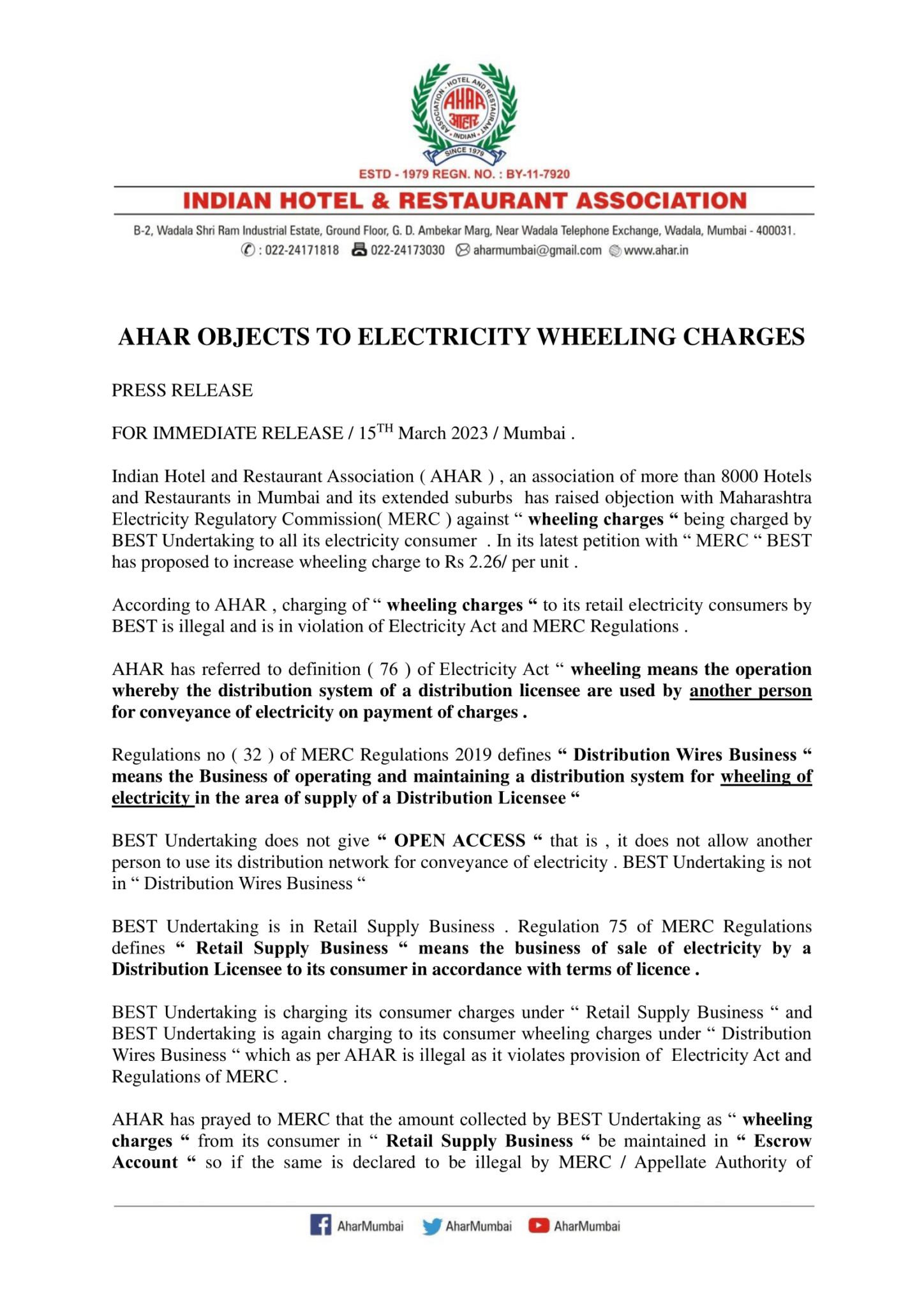 AHAR Association India | Indian Hotel & Restaurant Association